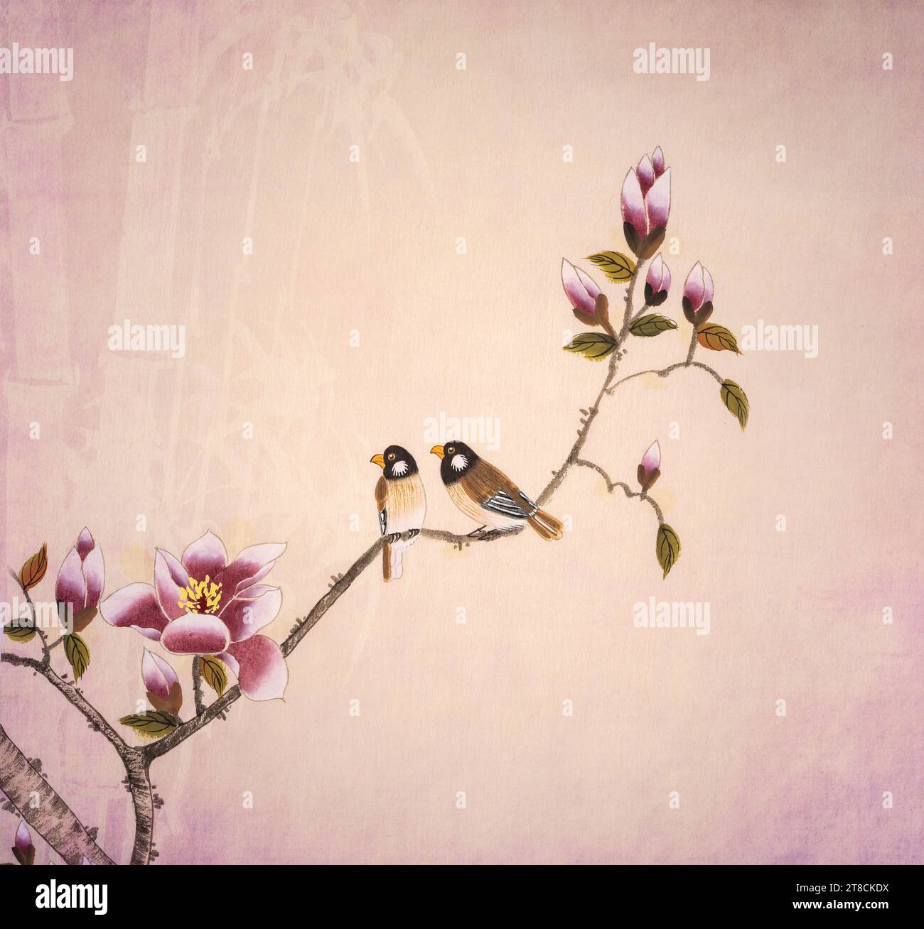 Traditional Chinese painting of flowers and two birds on tree Stock ...