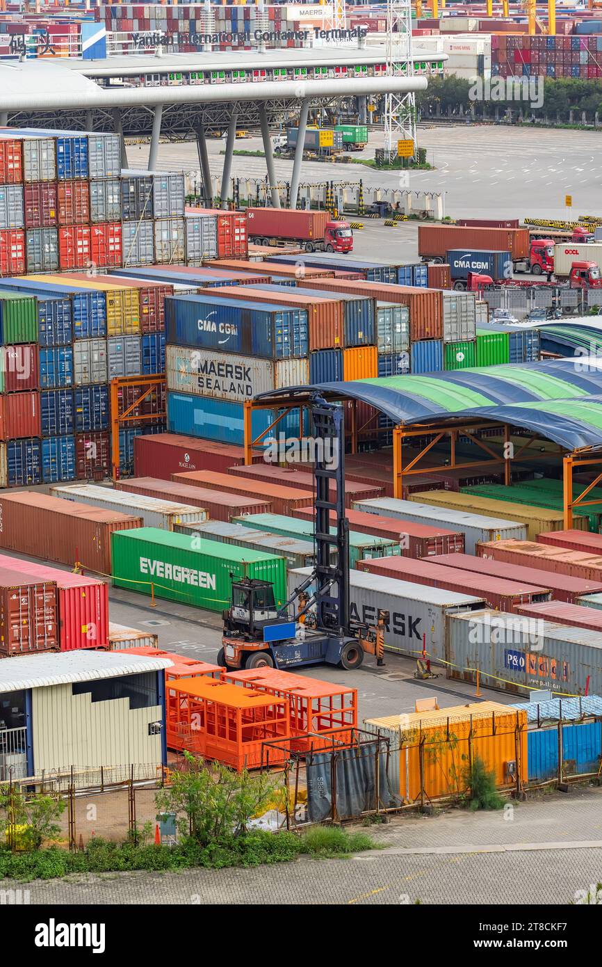 SHENZHEN, CHINA - May 29 2022: Forklift at shipping port construction ...