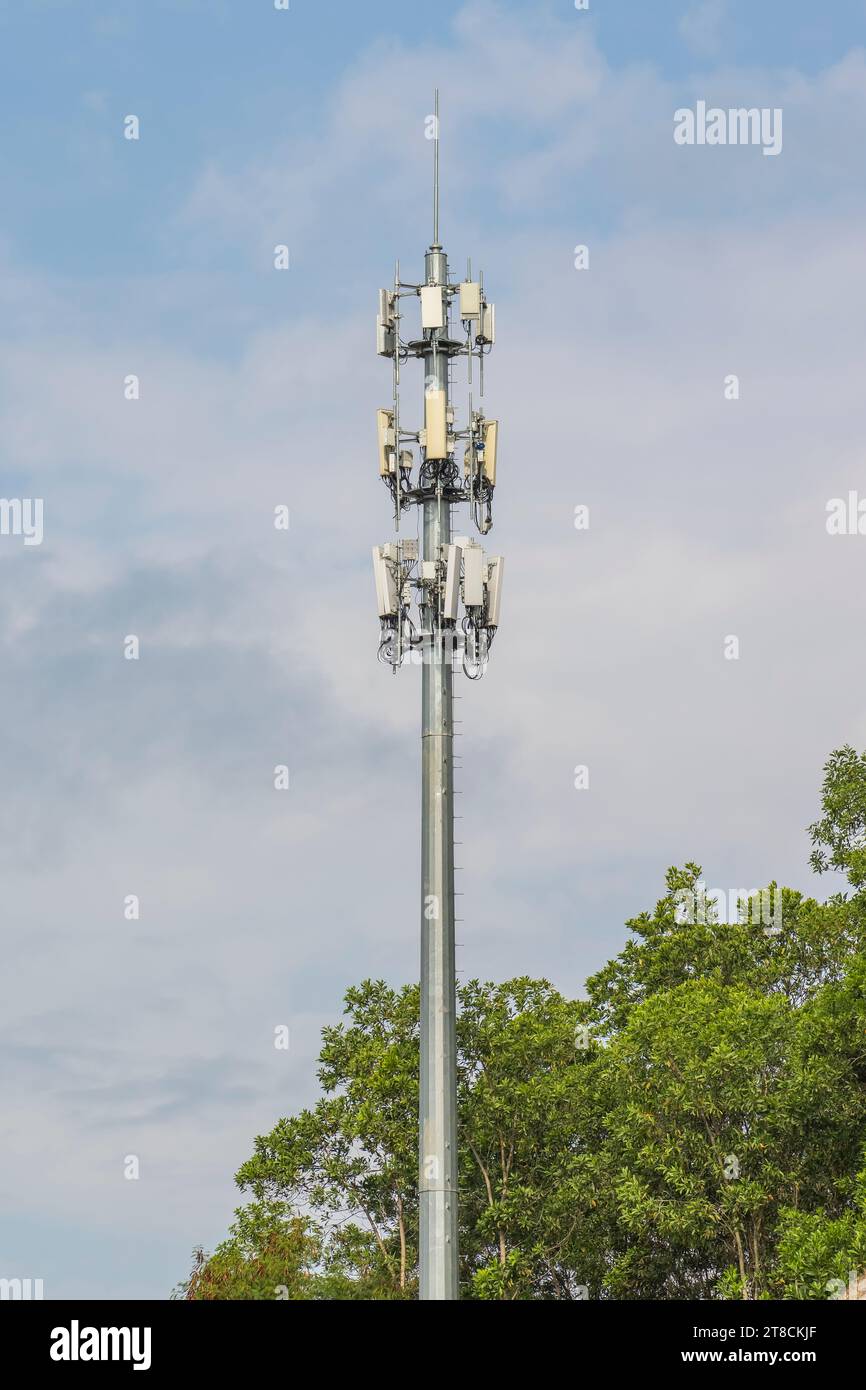 communication tower for 5G network telephone cellsite with dusk sky ...