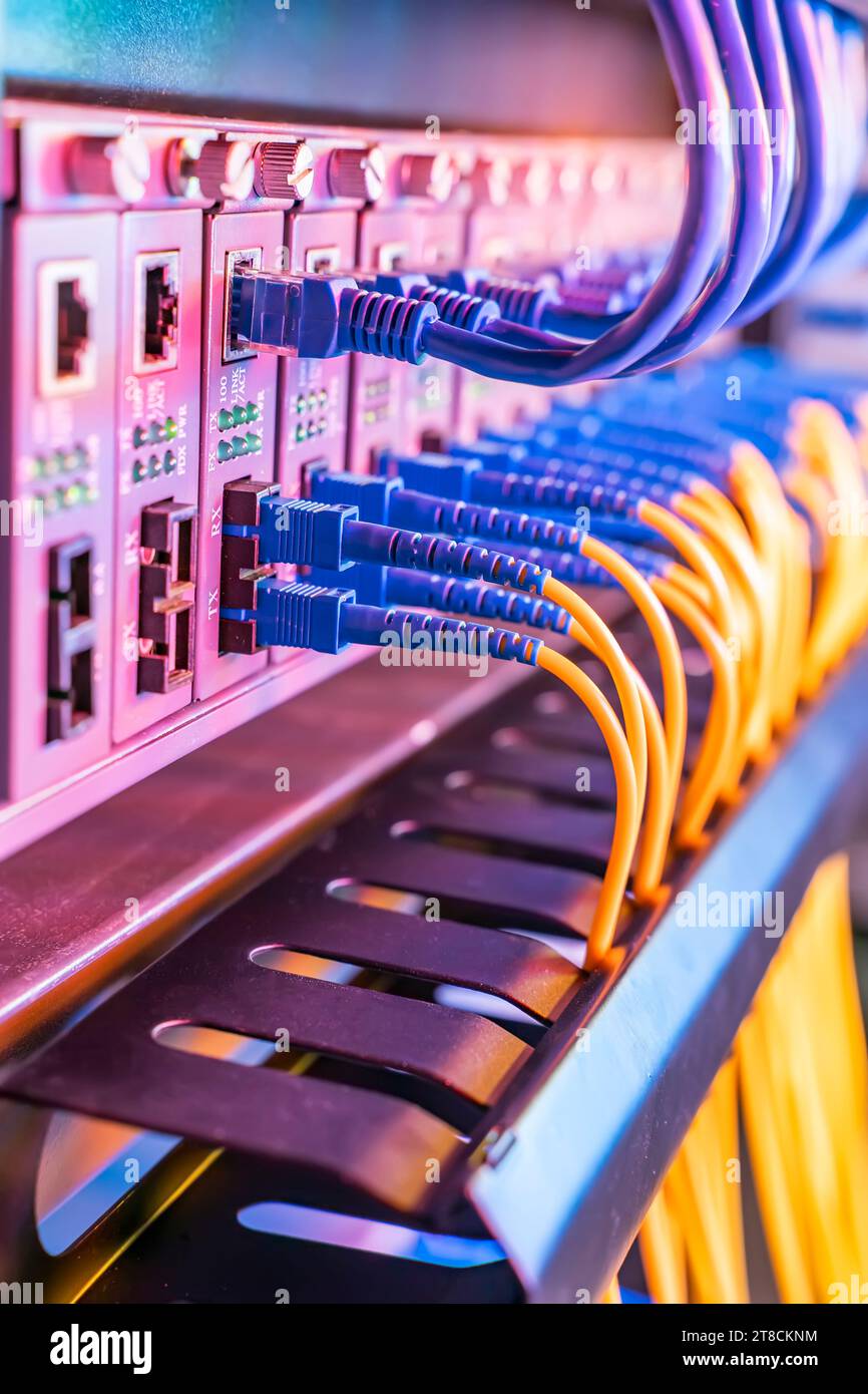 Fiber Optical cables connected to an optic ports and Network cables ...