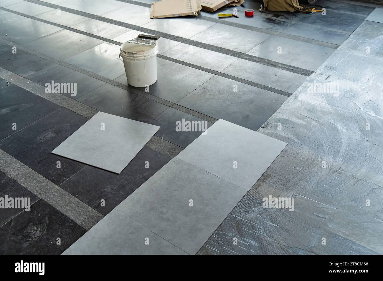 Laying of linoleum or polymer vinyl sheet set for floor. PVC material ...