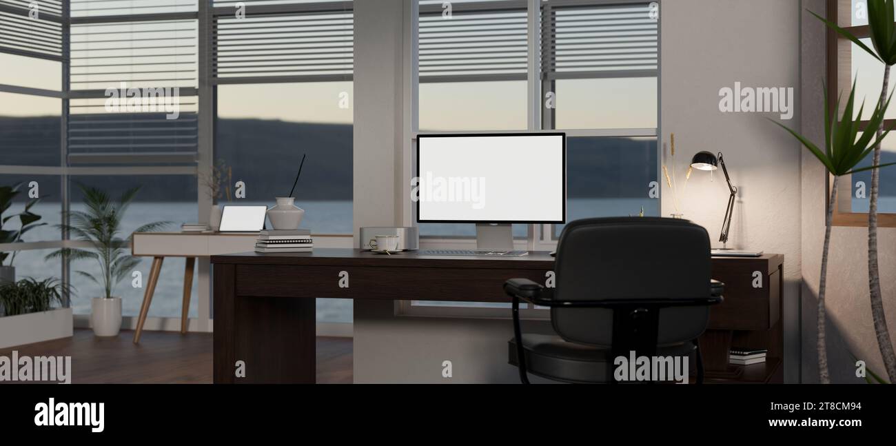 A modern private office workspace with a white-screen computer mockup ...