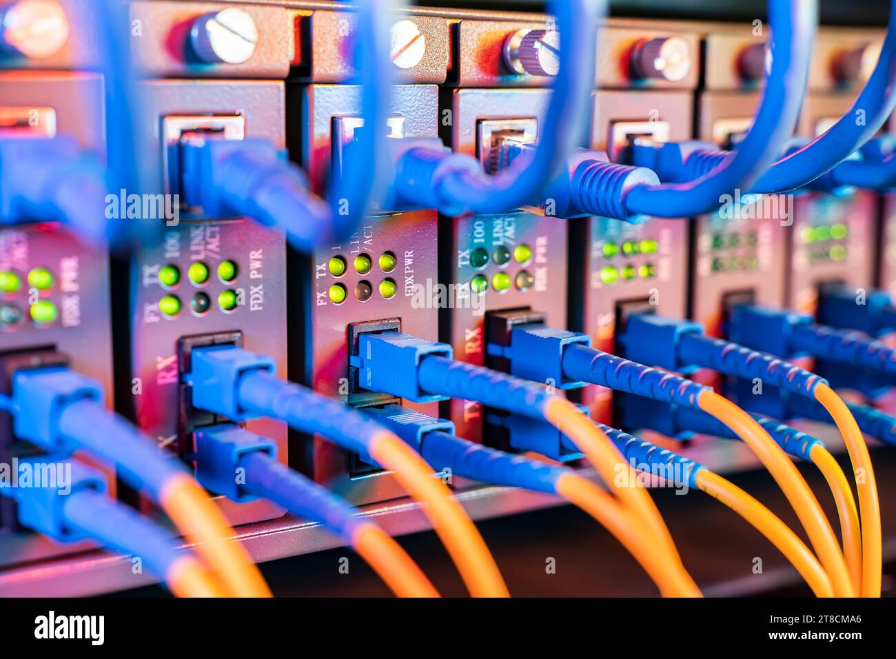 Fiber Optical cables connected to an optic ports and Network cables ...