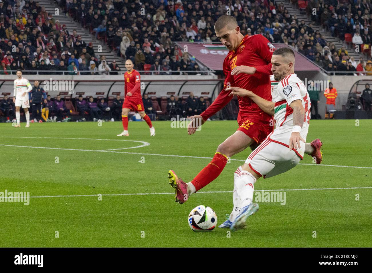 Budapest. 19th Nov, 2023. Slobodan Rubezic (L) of Montenegro vies with ...