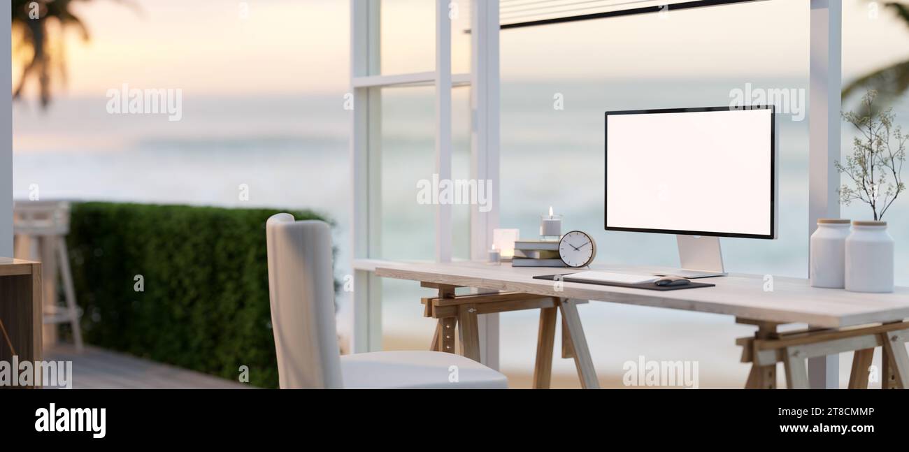 A cosy, minimalist home workspace with a white-screen computer mockup ...