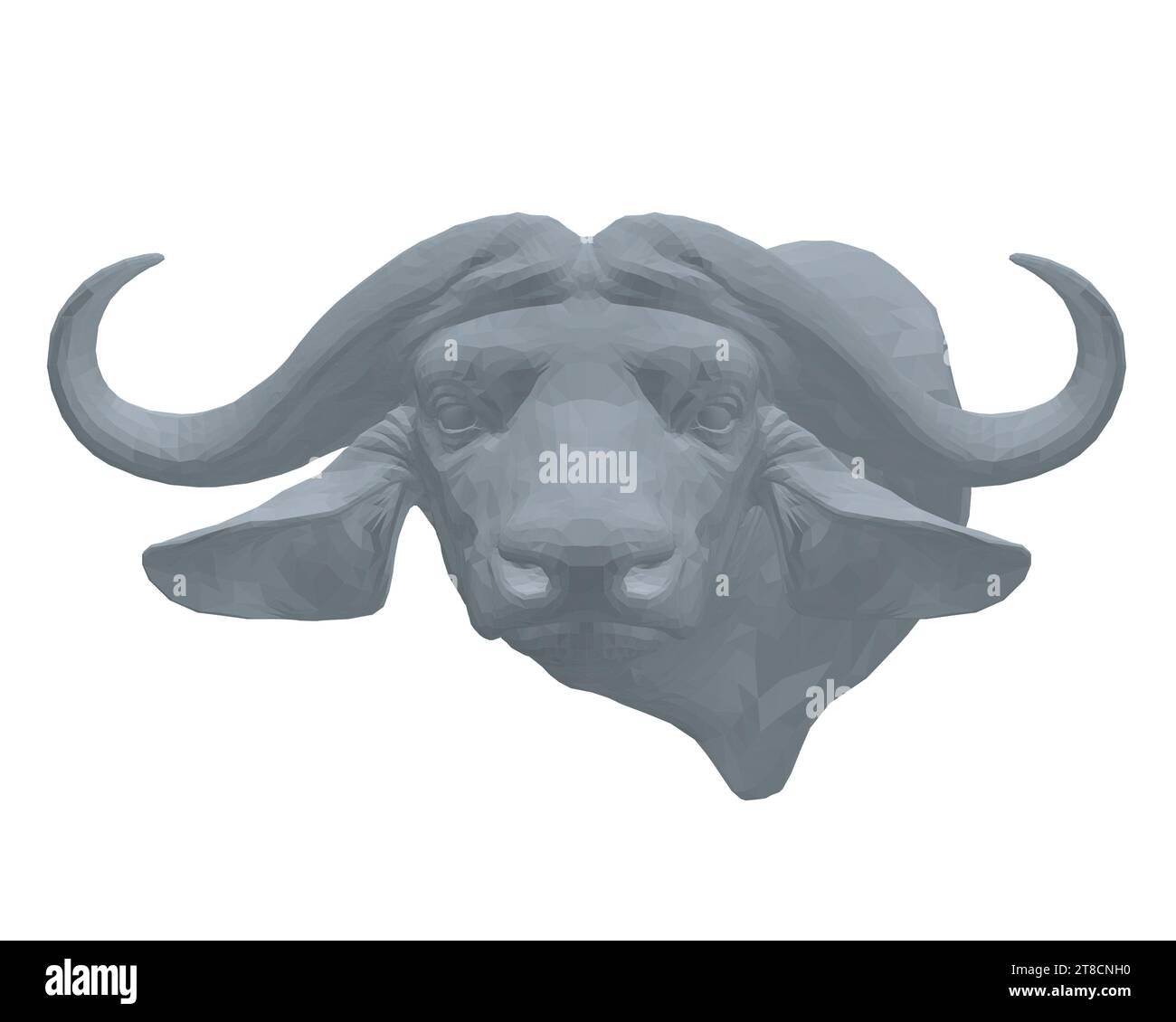 Polygonal model of a buffalo head with large horns isolated on a white ...