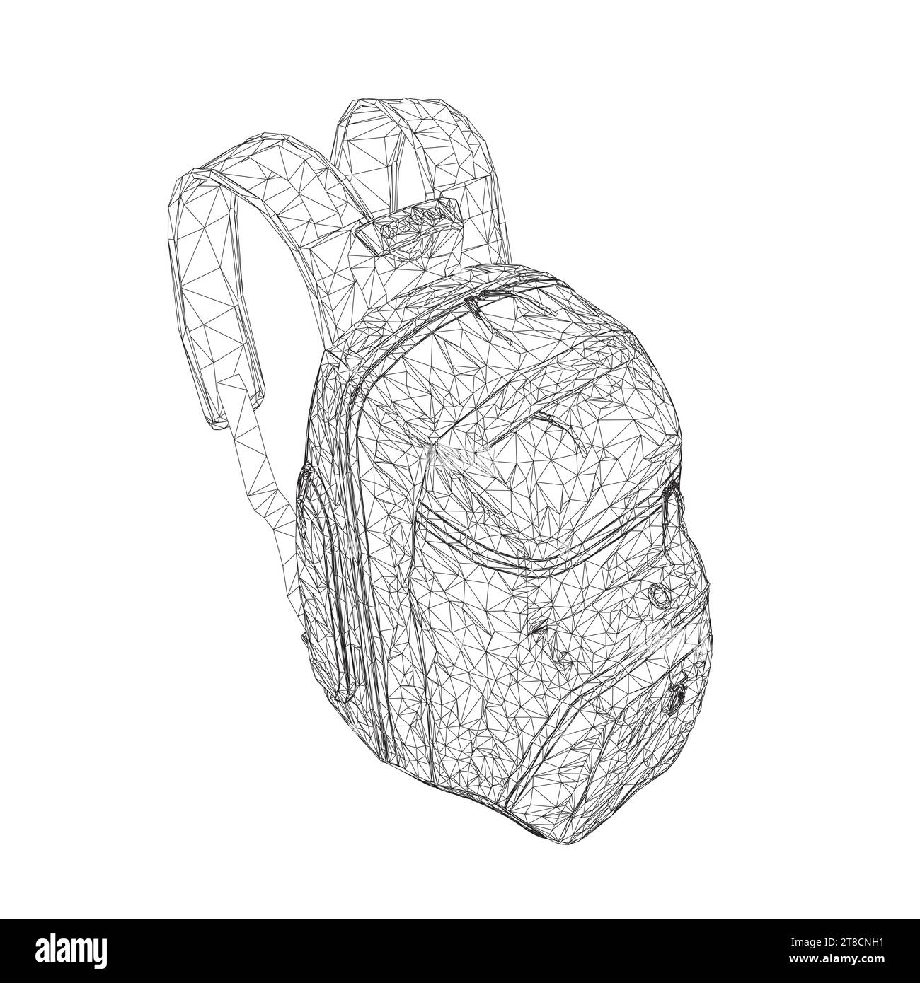 Wireframe of a large backpack made of black lines isolated on a white background. Isometric view ...