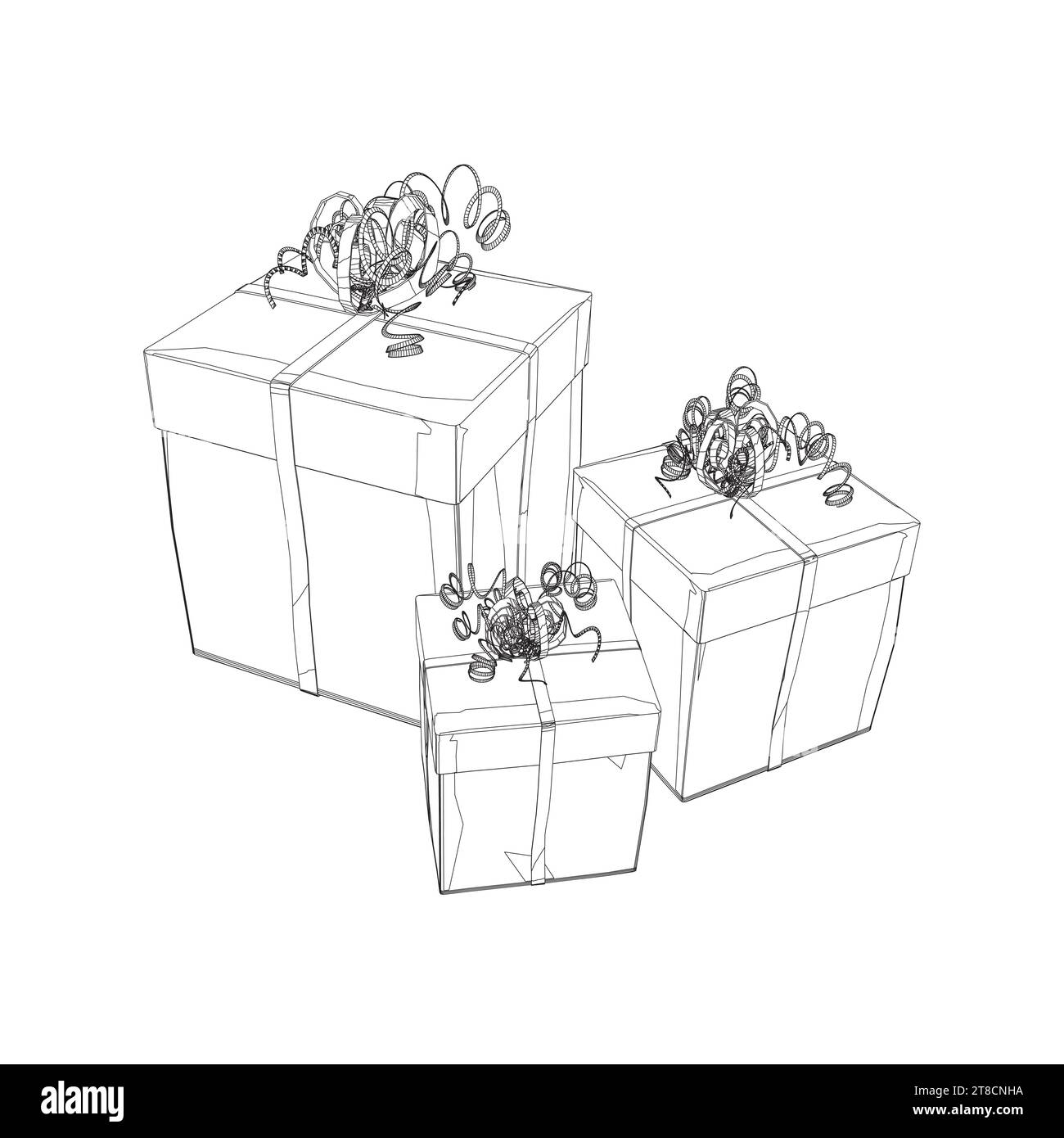 Outline of three gift boxes with ribbons made from black lines isolated ...