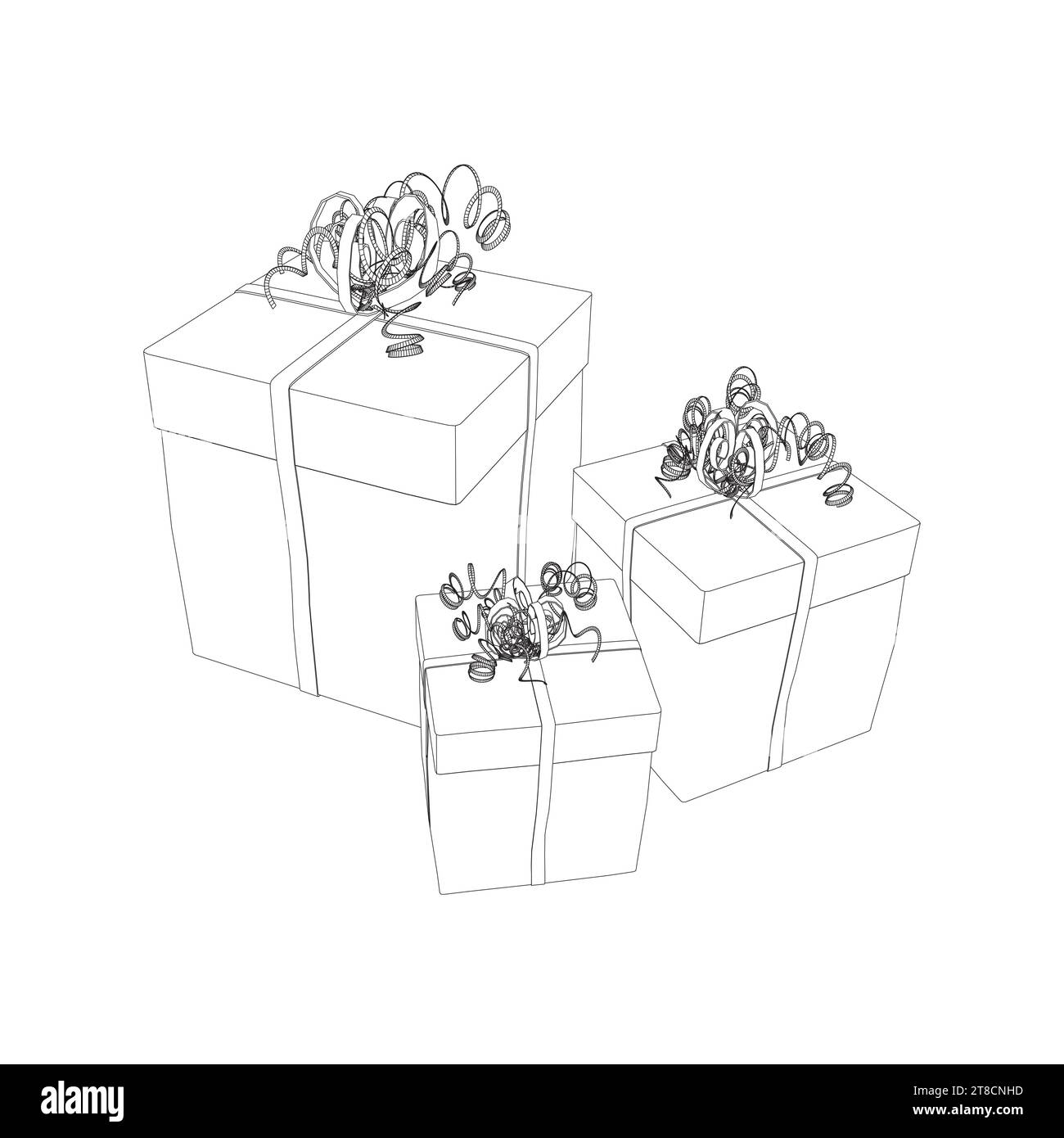 Outline of three gift boxes with ribbons made from black lines isolated ...