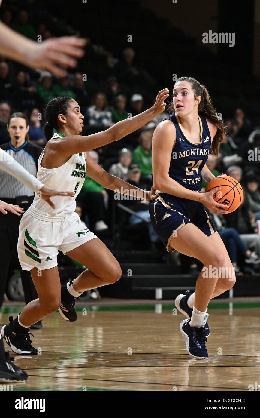 North Dakota Fighting Hawks forward Kiera Pemberton (9) guards Montana State Bobcats forward ...