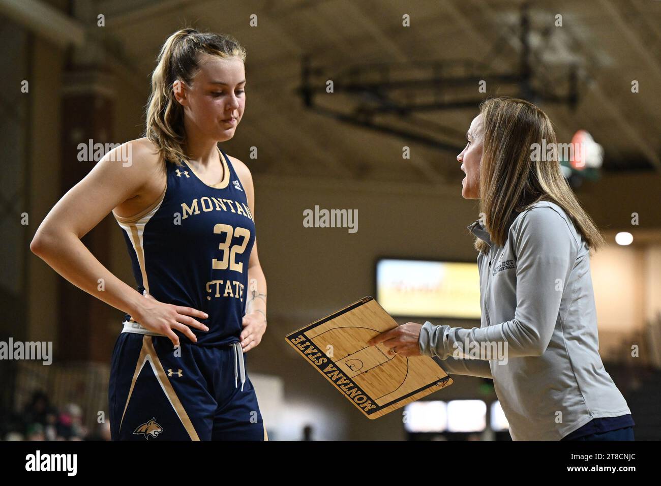 Montana State Bobcats head coach Ellen Kreighbaum talks with Montana ...