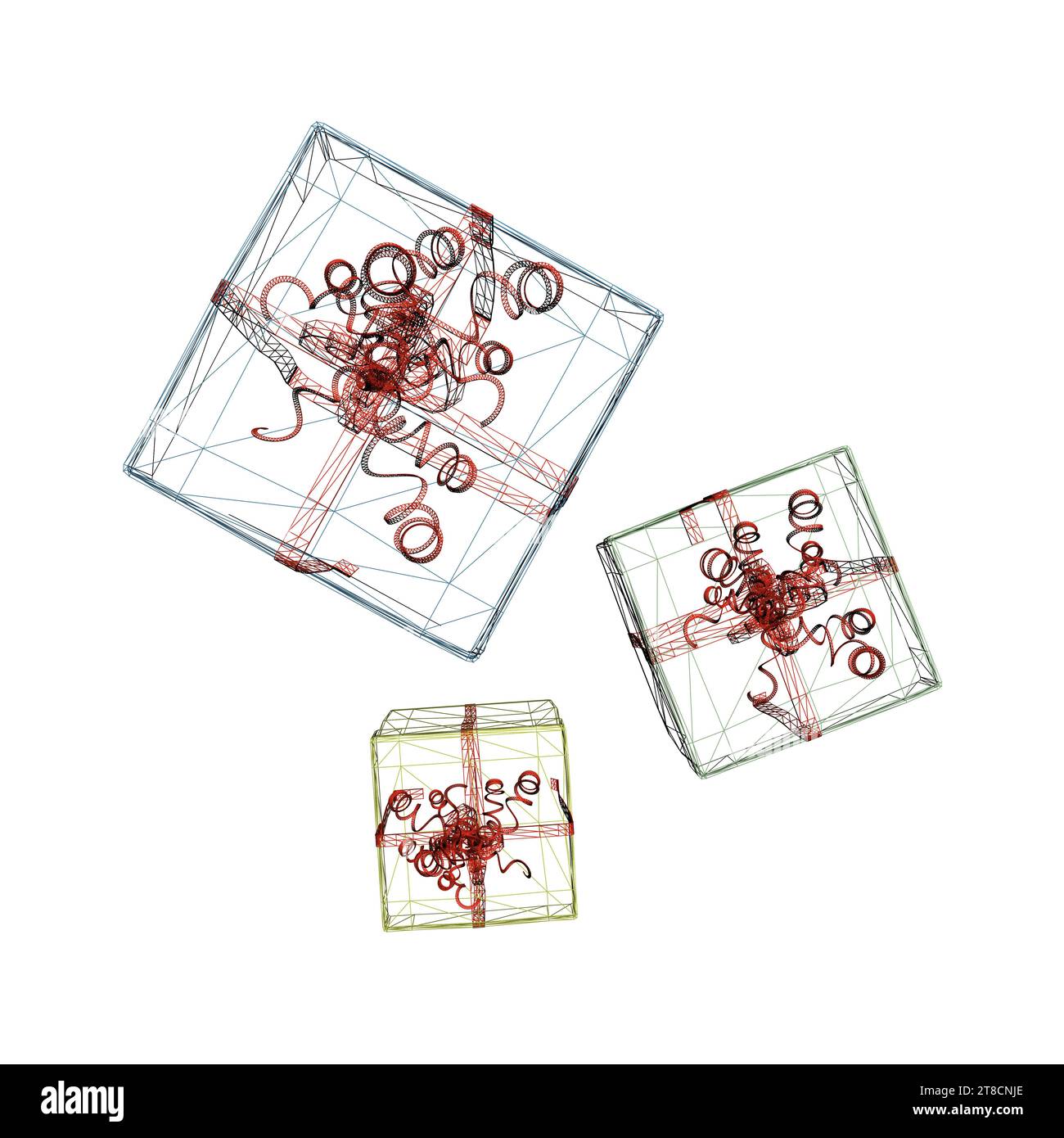 Wireframe of three gift boxes with ribbons isolated on white background ...