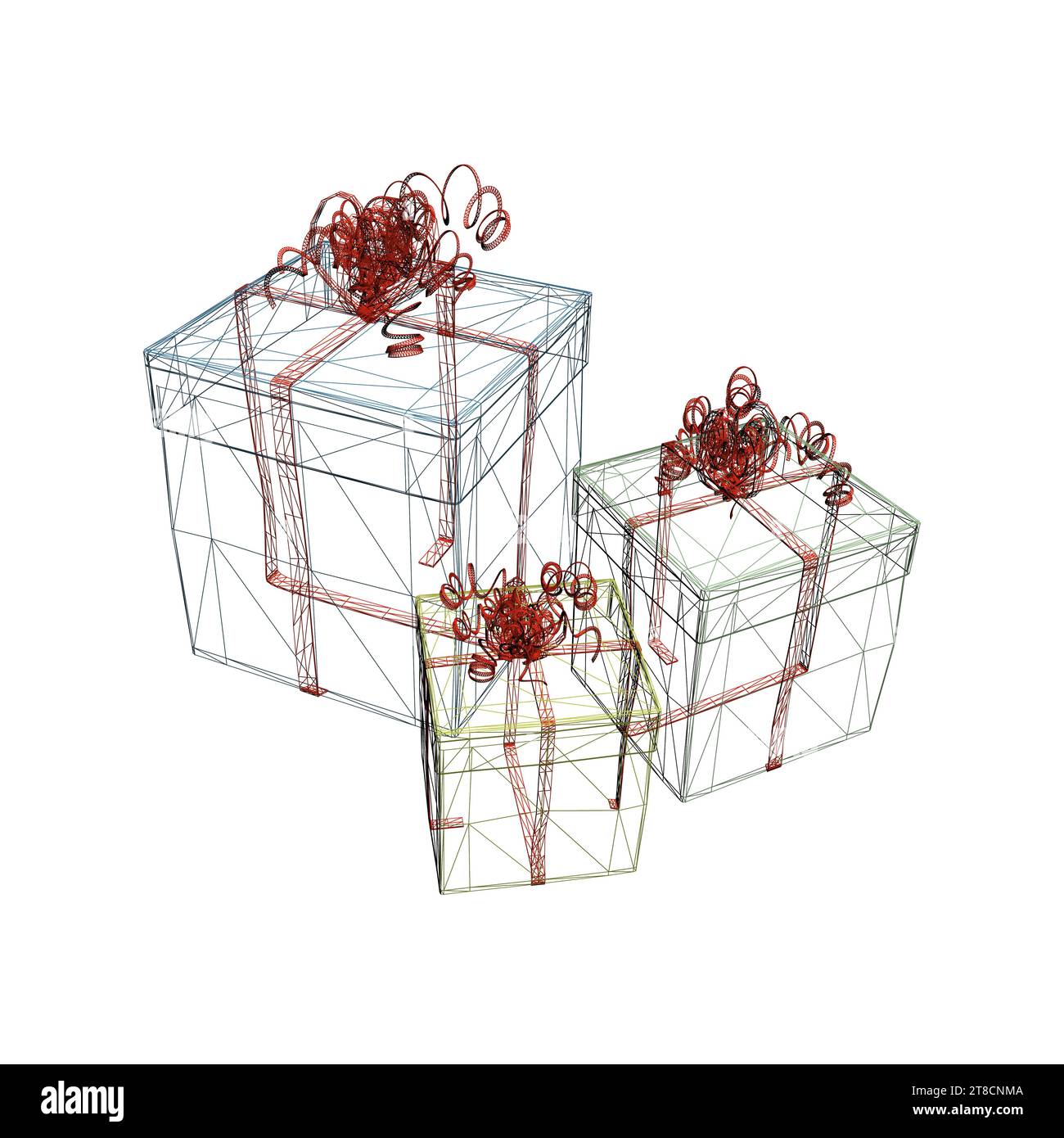 Wireframe of three gift boxes with ribbons isolated on white background ...