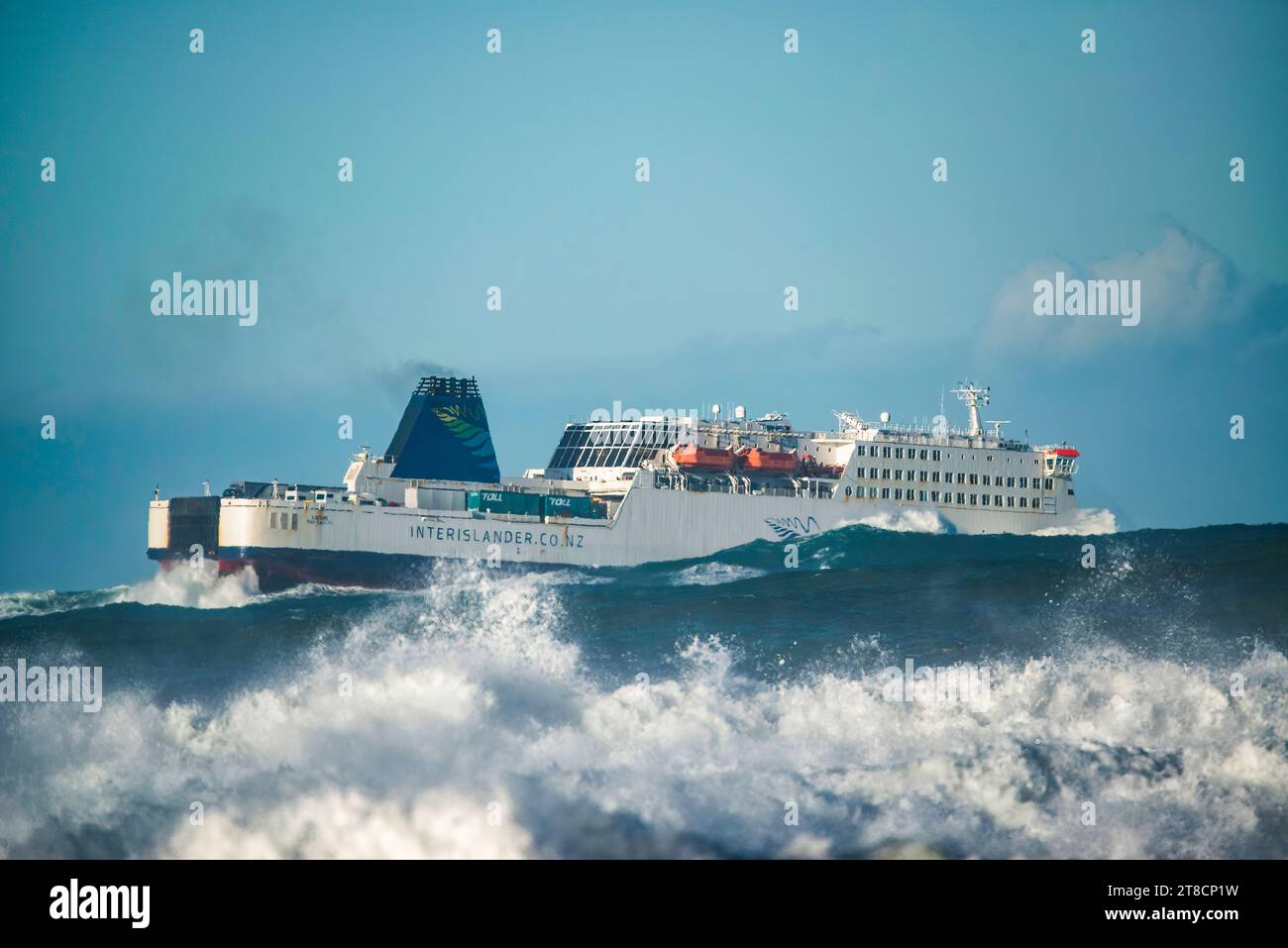 Interislander line ferry travels out of Wellington Harbour into Cook ...