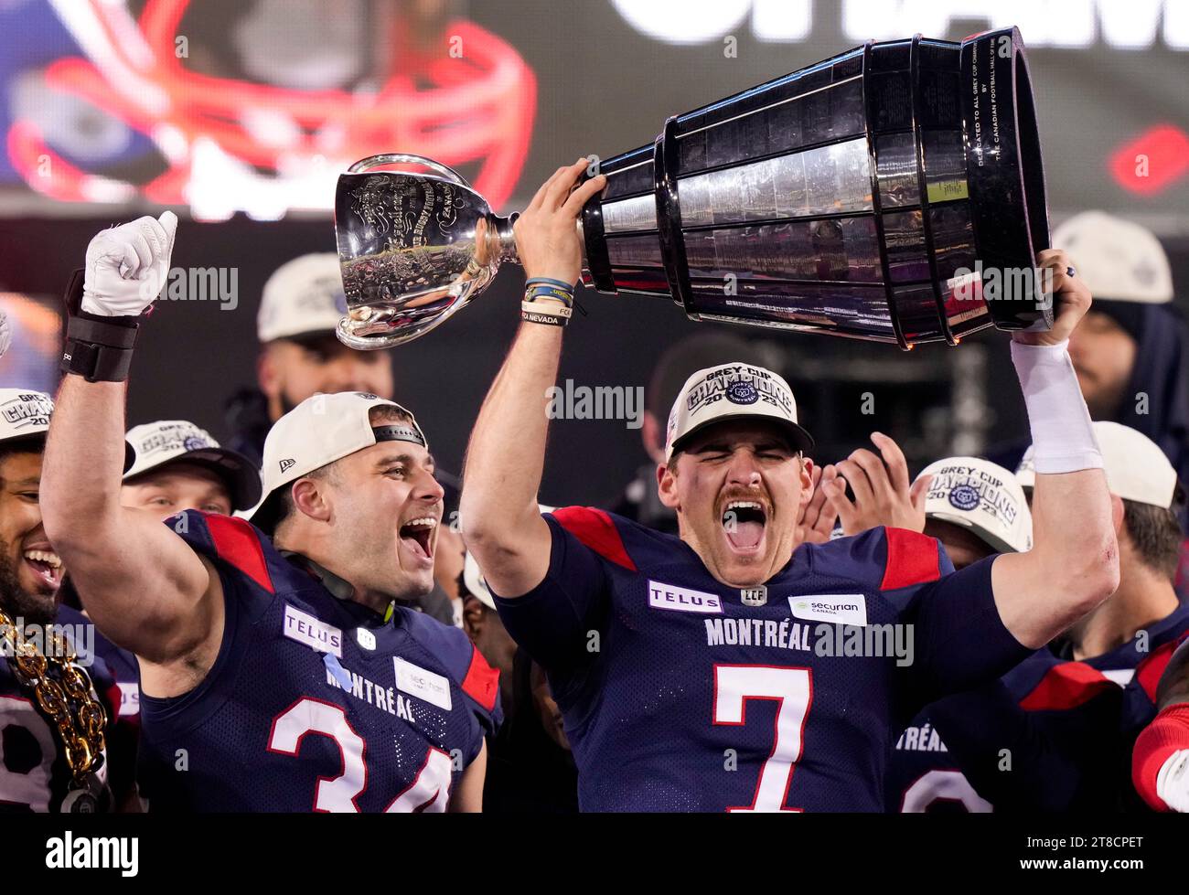 Montreal Alouettes quarterback Cody Fajardo (7) hoists the Grey Cup as ...
