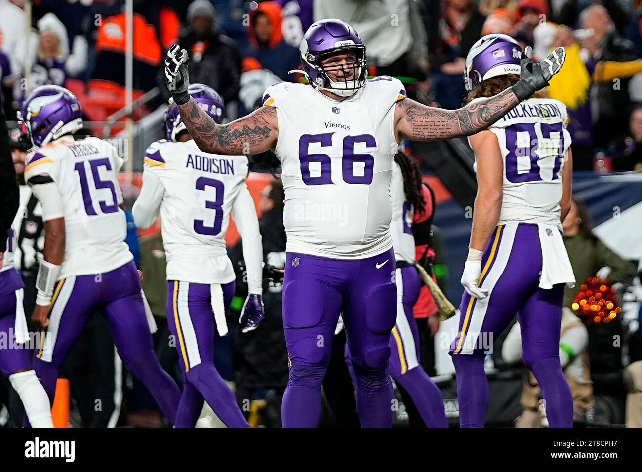 Minnesota Vikings guard Dalton Risner (66) celebrates a touchdown ...