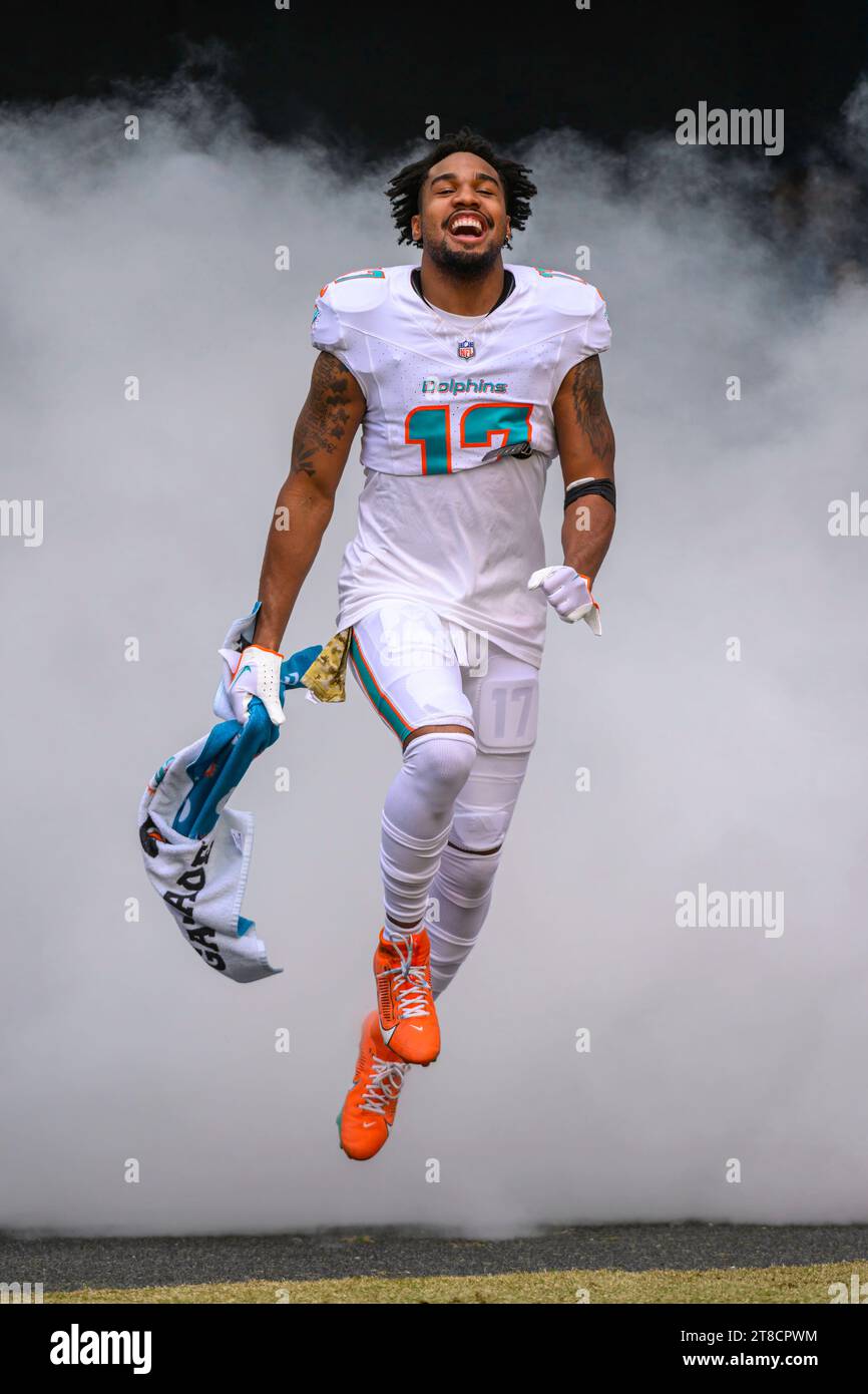 Miami Dolphins wide receiver Jaylen Waddle (17) jumps in the air and ...