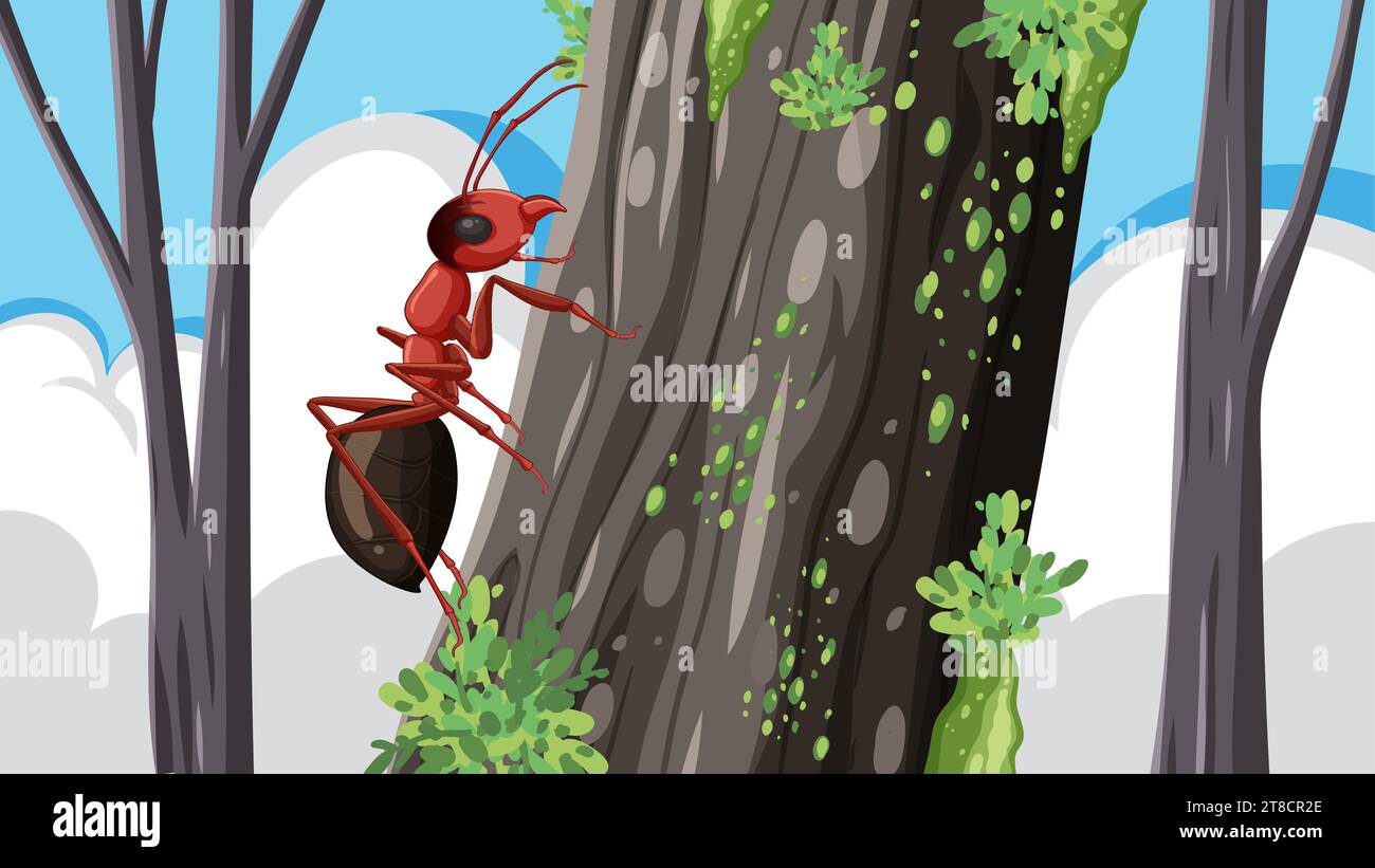 A vector cartoon illustration of an ant walking on a moss-covered tree ...