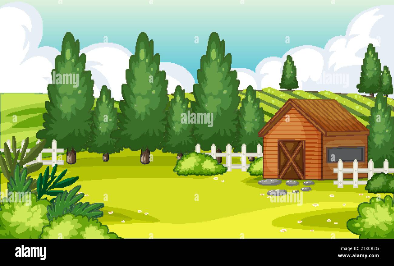 A charming illustration of a rural countryside home surrounded by farm ...