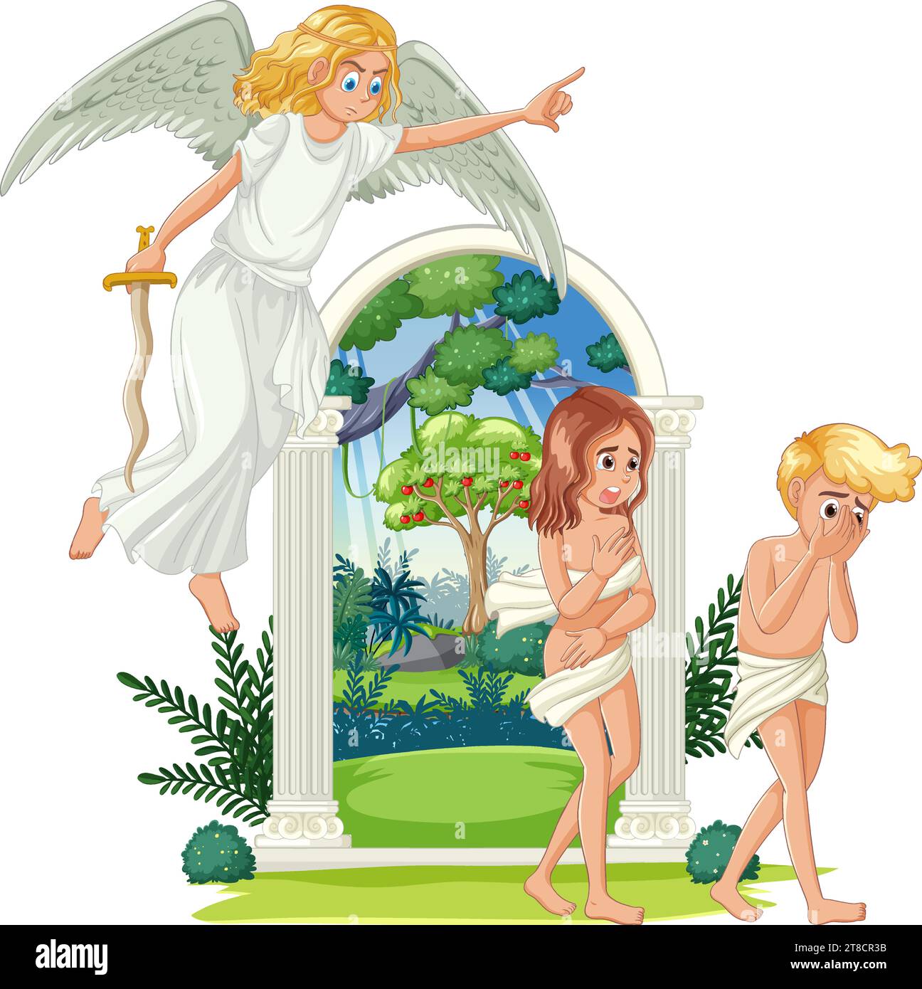 Adam and Eve's expulsion from paradise depicted in a vibrant vector cartoon Stock Vector Image ...