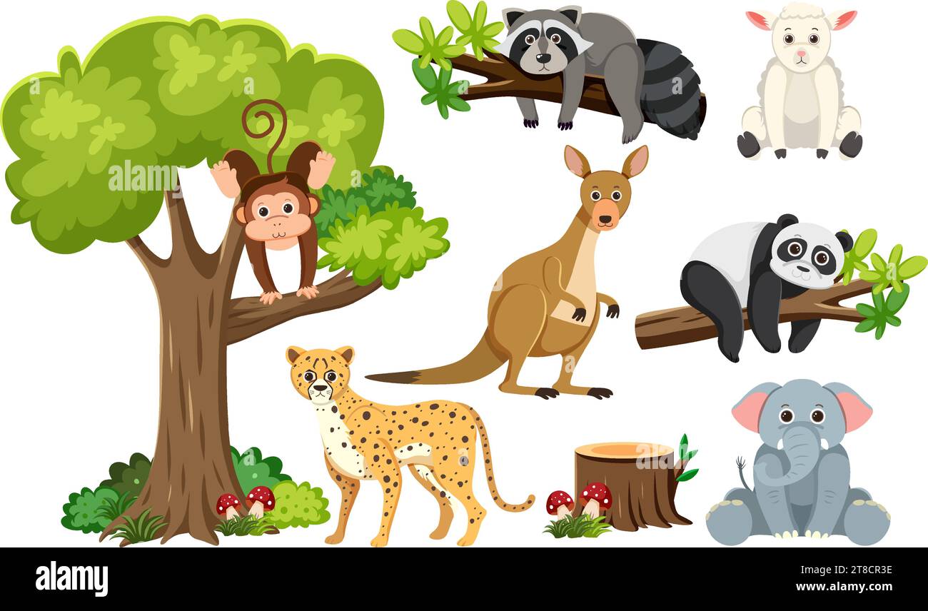 A vector cartoon illustration of various wild animals and a tree Stock ...