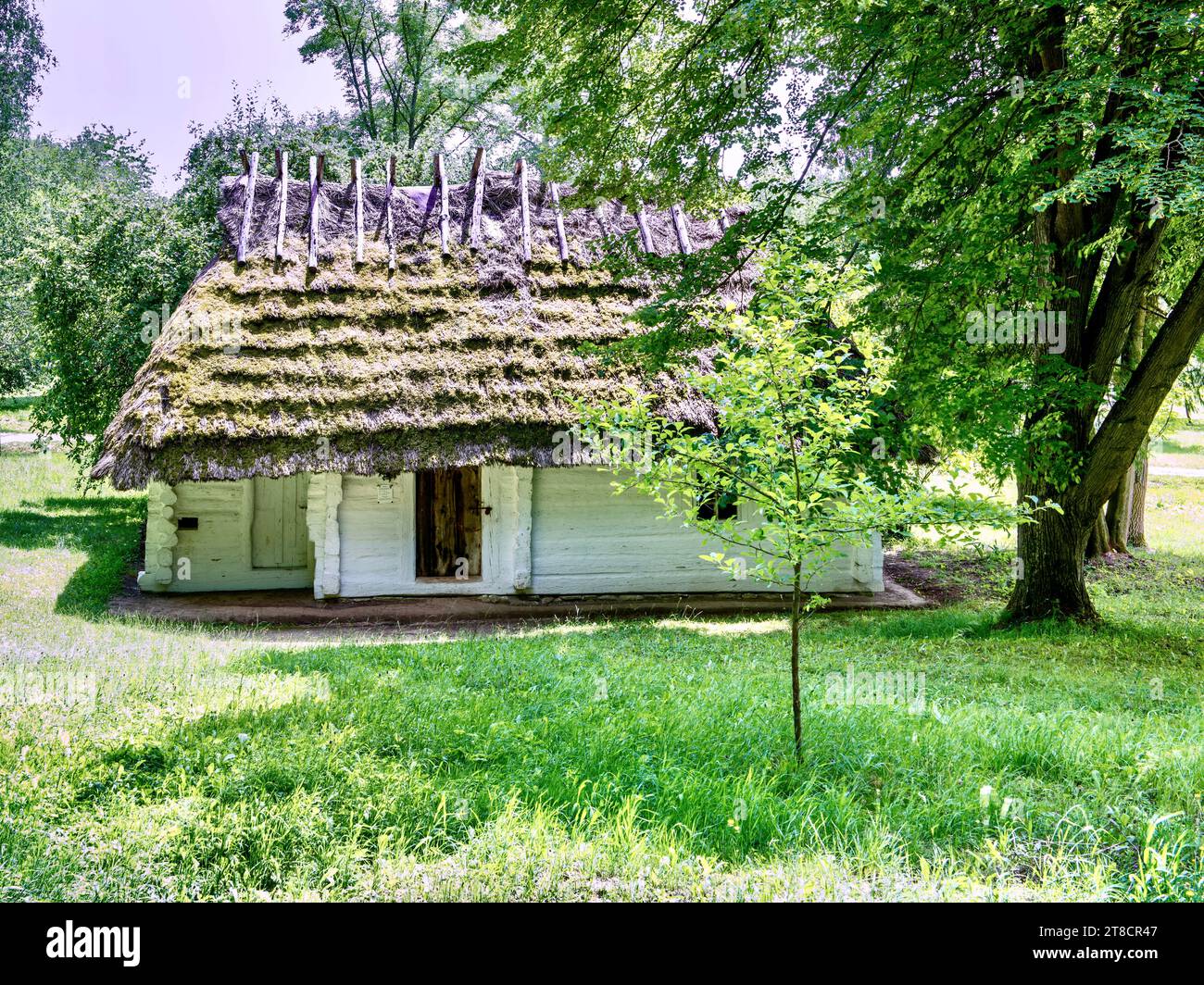 A fragment of a traditional Polish house with a thatched roof and a ...