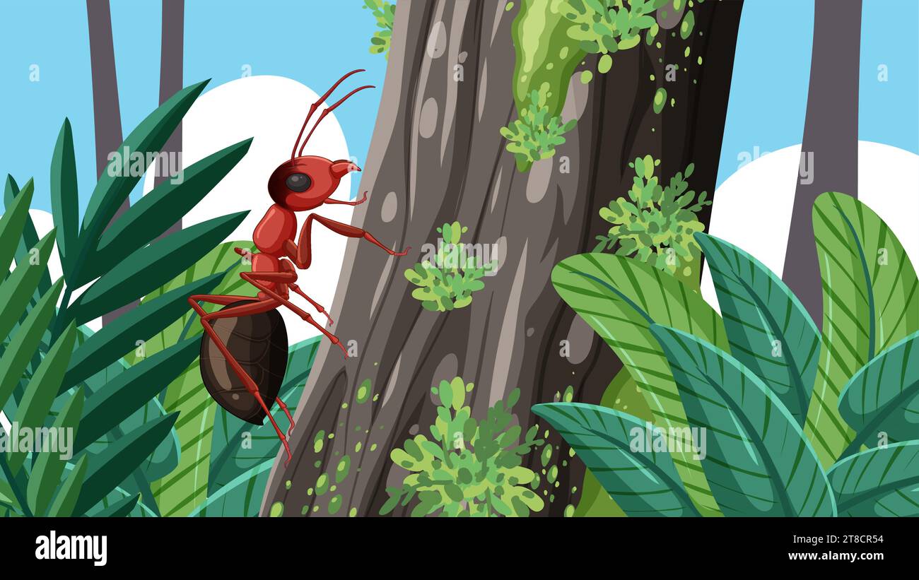 A peaceful ant walks on a moss-covered tree amidst nature's beauty ...