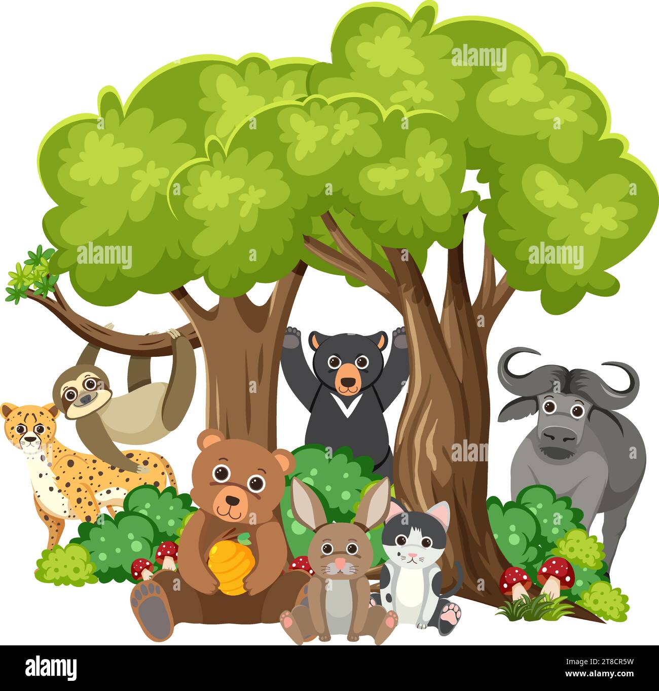 Various wild animals coexisting harmoniously under a tree Stock Vector ...