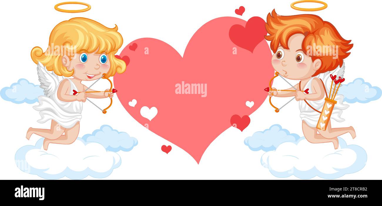 Vector cartoon illustration of two angels holding a heart arrow with a ...