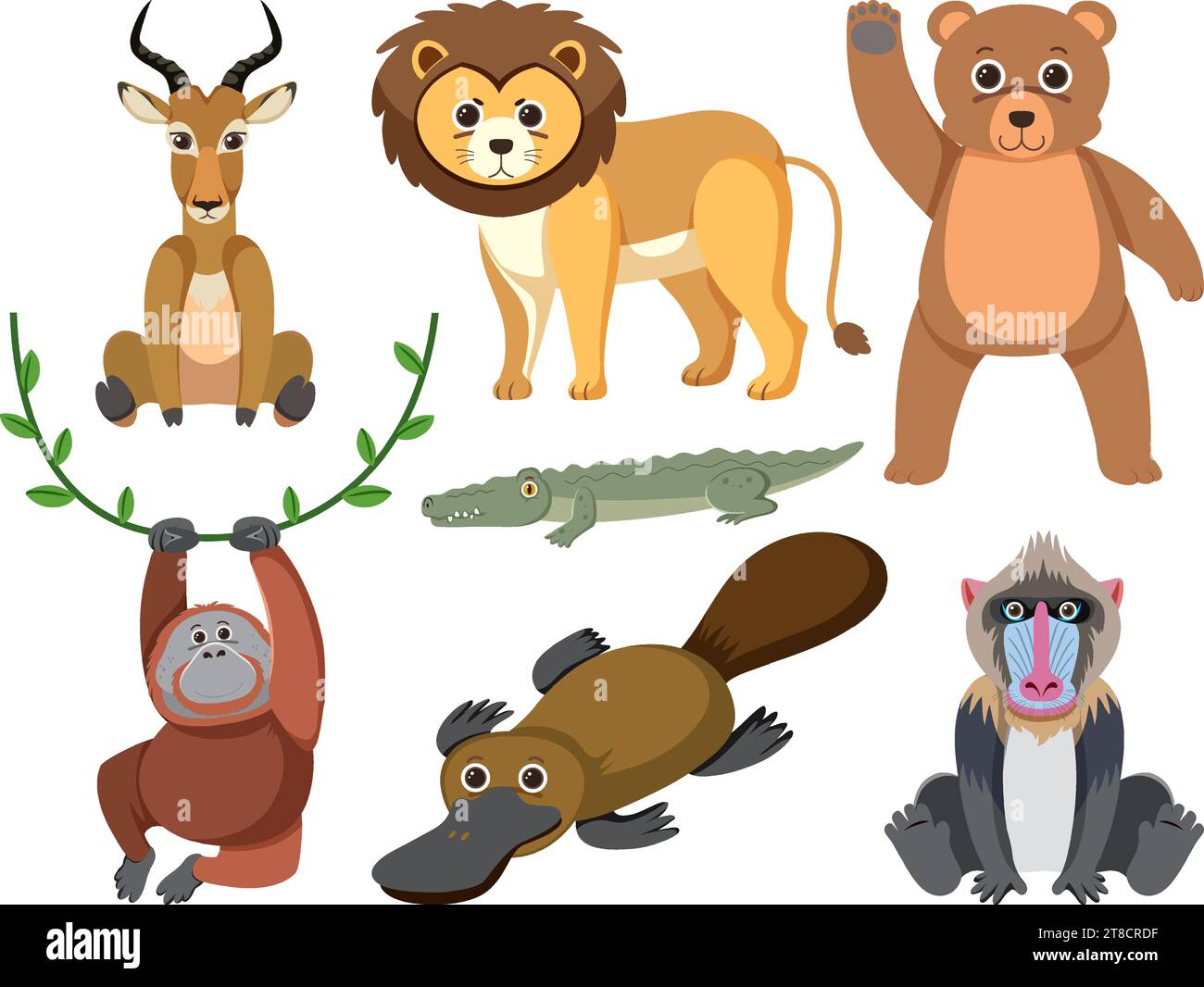 A lively illustration of various wild animals in a simplified cartoon ...