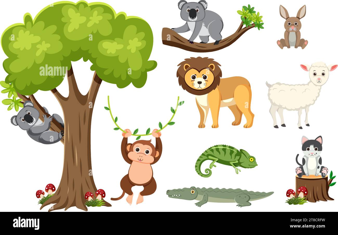 Vector cartoon illustration of isolated wild animals with a tree Stock ...