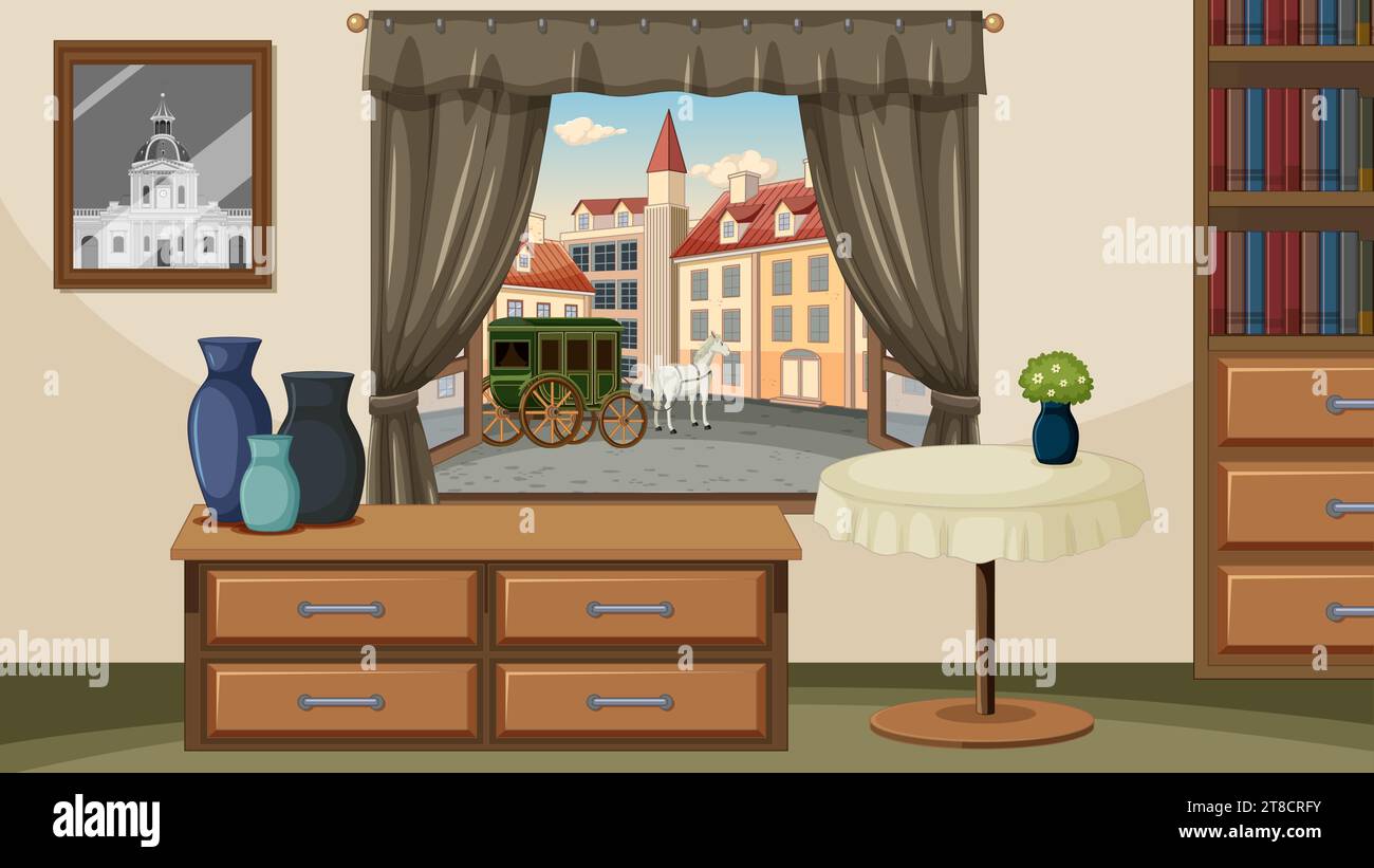 A vibrant vector cartoon illustration of a reconstructed living room ...