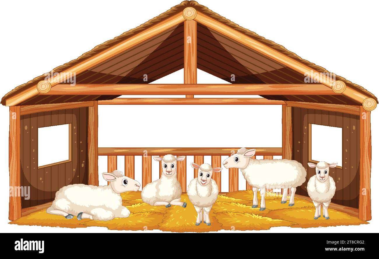 A whimsical cartoon illustration of sheep in a cozy barn stall Stock ...
