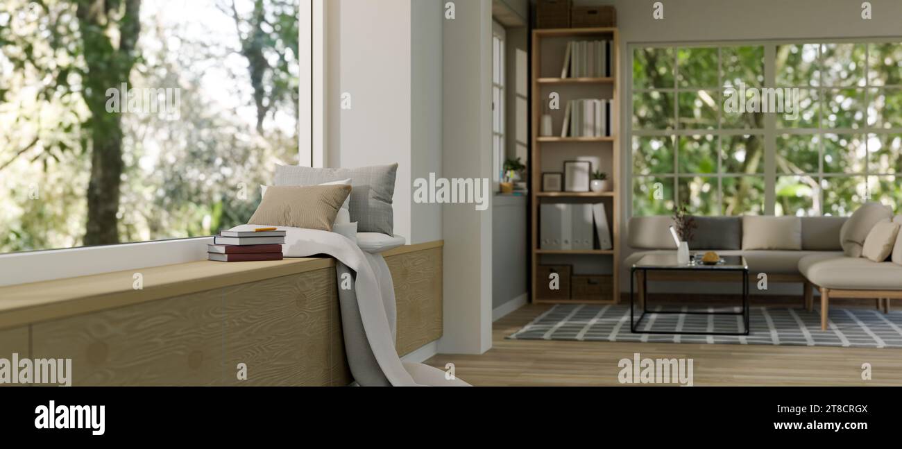 Modern minimal living room with reading corner near the window with ...