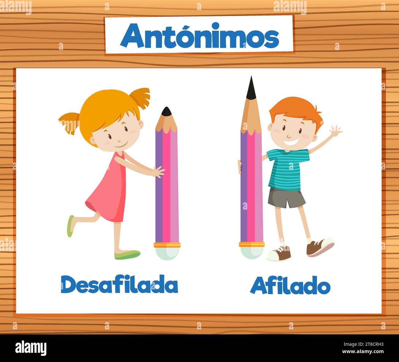 A vector cartoon illustration of Spanish word cards depicting the ...