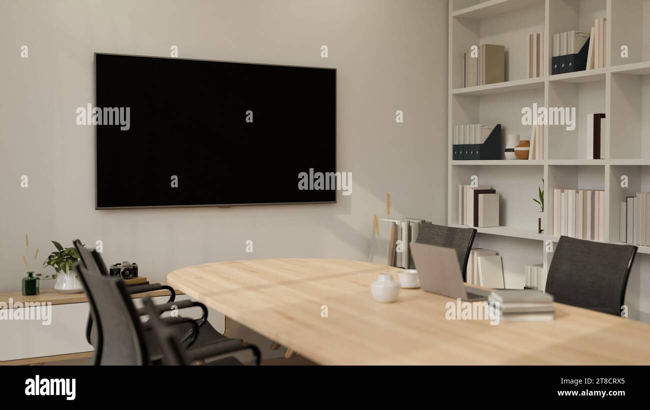 A large TV mockup screen on a white wall in a modern, minimalist ...