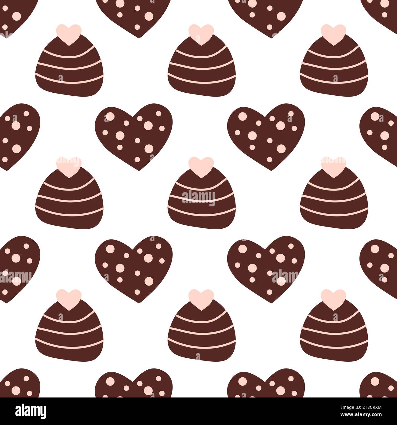 Seamless pattern with chocolates candies in form heart with pink icing ...