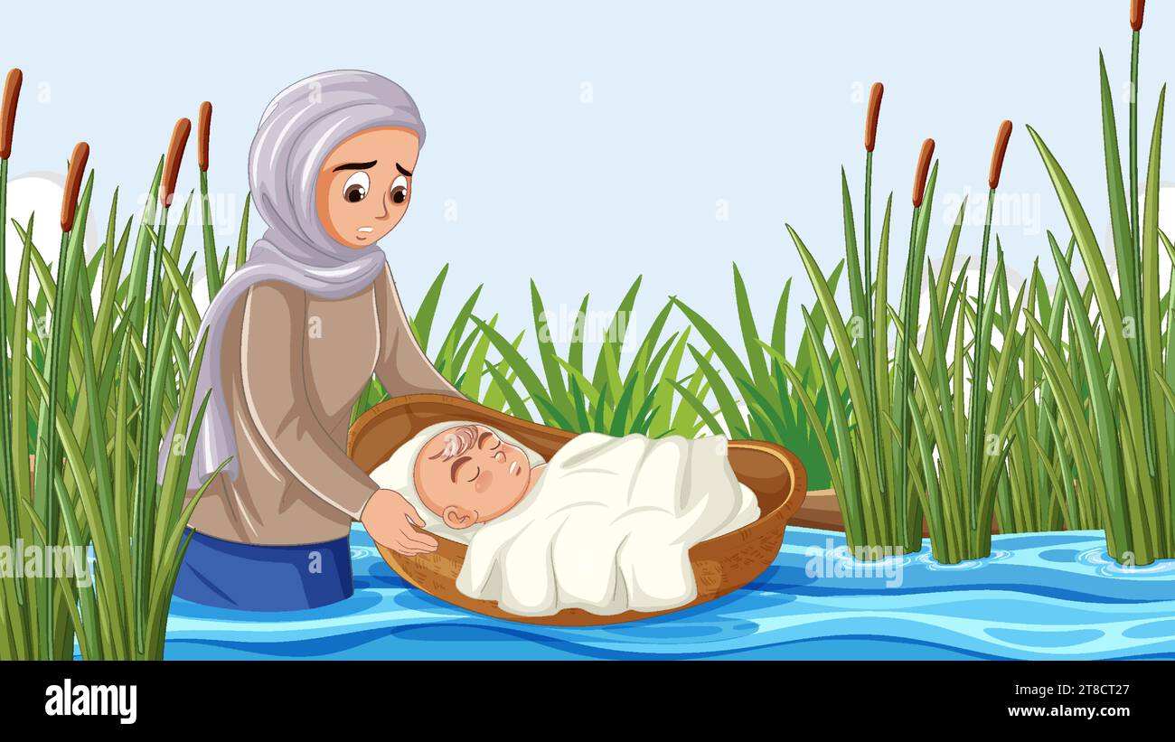 Jochabed's brave act of floating her baby along the Nile Stock Vector ...