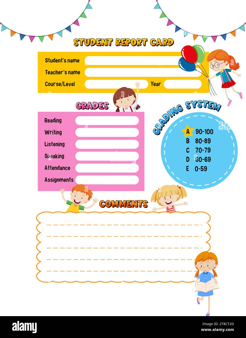 A customizable report card template featuring a charming cartoon ...