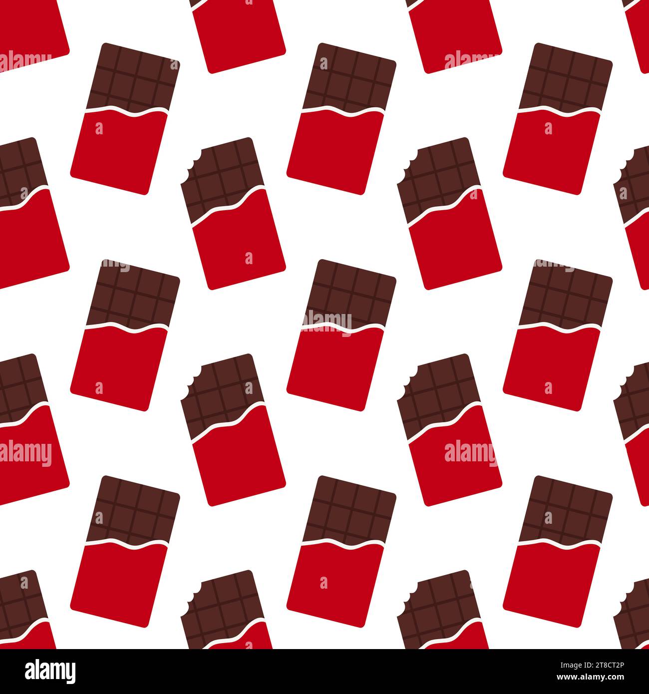 Seamless pattern with red packaging chocolate bars. Whole and bitten ...