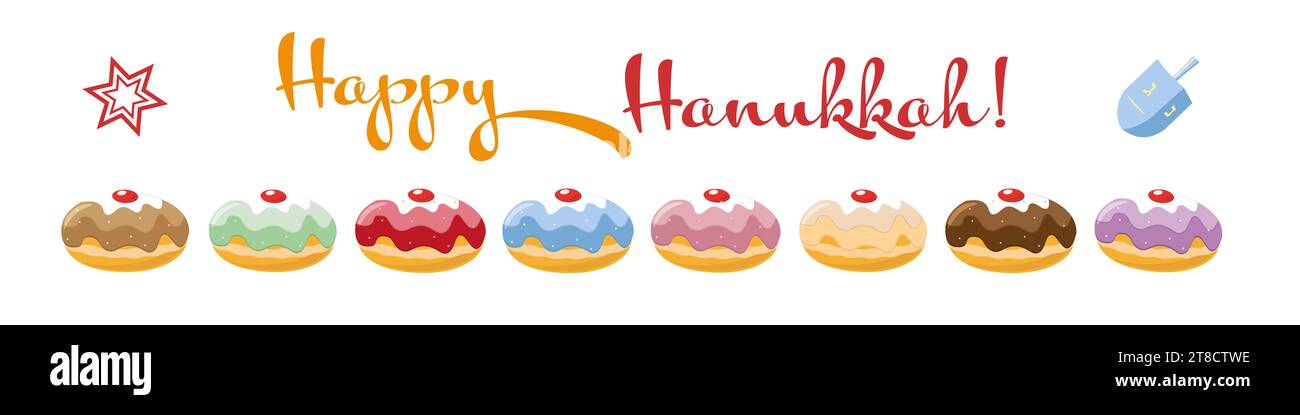 Festive Happy Hannuka greeting banner with colorful jelly donuts vector ...