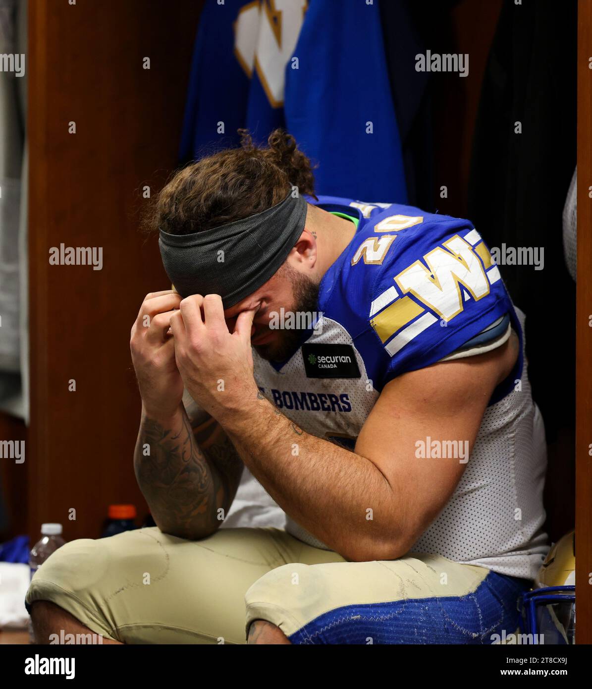 Hamilton, Canada. 19th Nov, 2023. Winnipeg Blue Bombers running back Brady Oliveira (20) looks ...