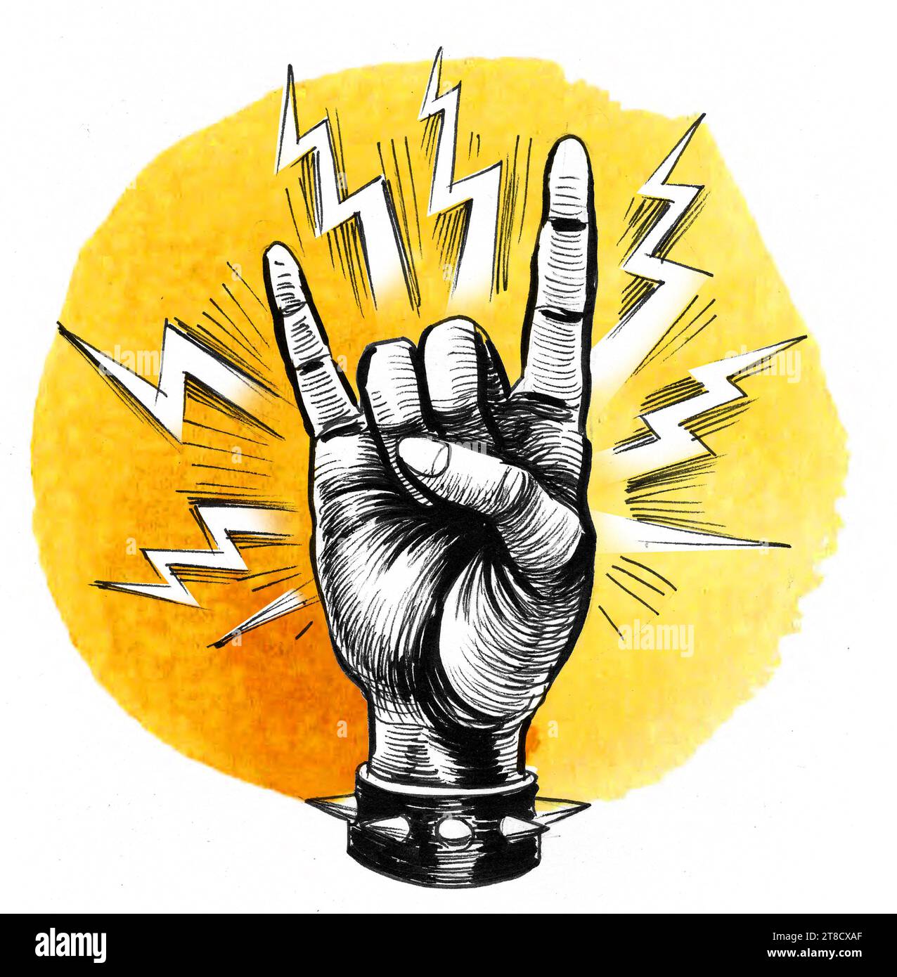 Hand showing rock sign. Hand-drawn ink and watercolor sketch Stock ...