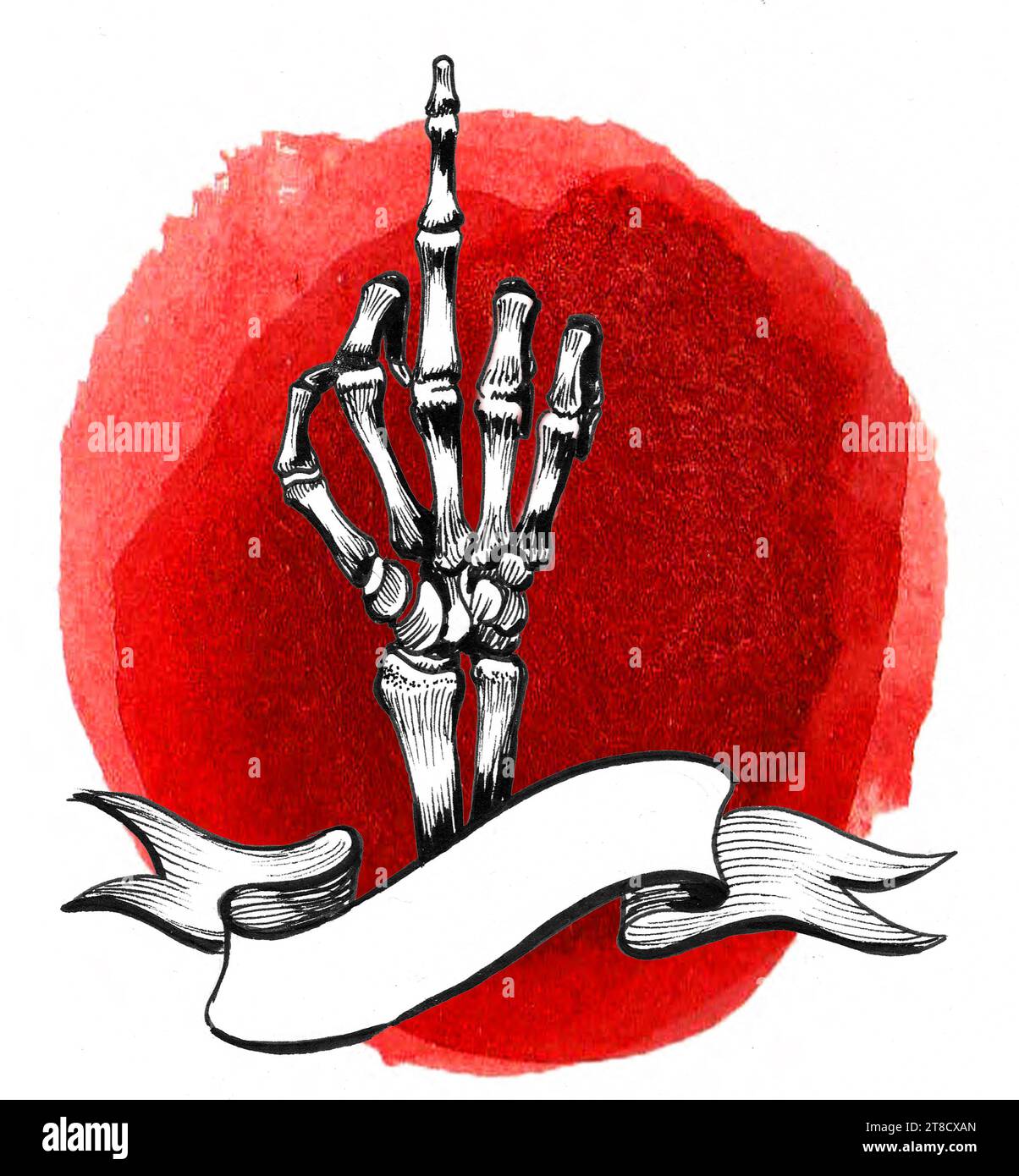Skeleton hand showing middle finger. Hand-drawn ink and watercolor ...