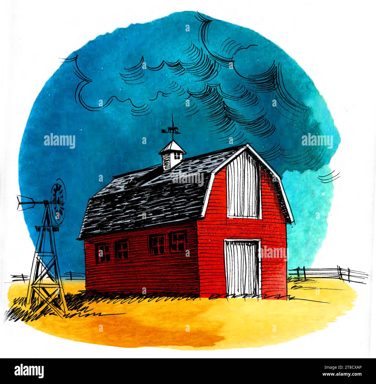 Red barn in the field. Hand-drawn ink and watercolor sketch Stock Photo ...