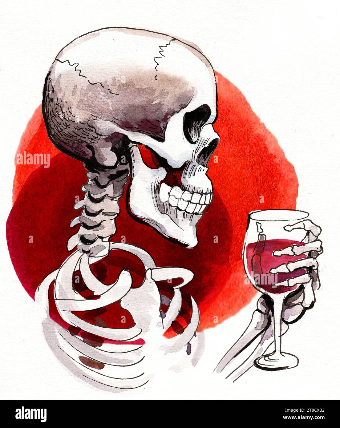 Human skeleton drinking red wine. Hand-drawn ink and watercolor sketch ...