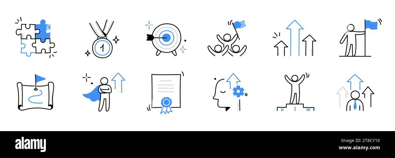 Business progress, challenge doodle icon set. Hand drawn sketch ...