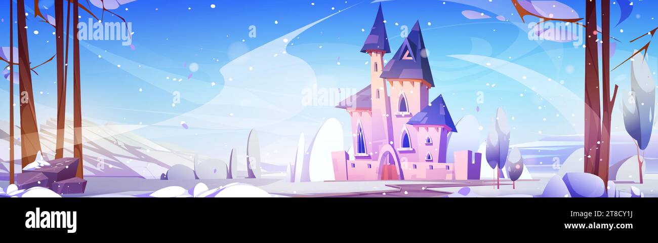Winter cartoon landscape with fairytale royal castle near mountains ...