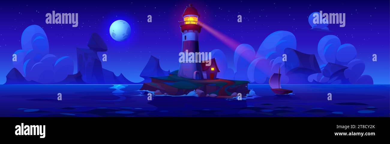 Lighthouse on night rocky island in sea. Vector cartoon illustration of ...