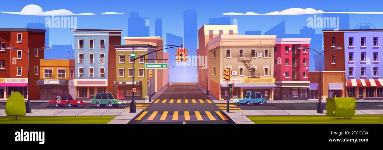 City street intersection. Vector cartoon illustration of cars on town ...